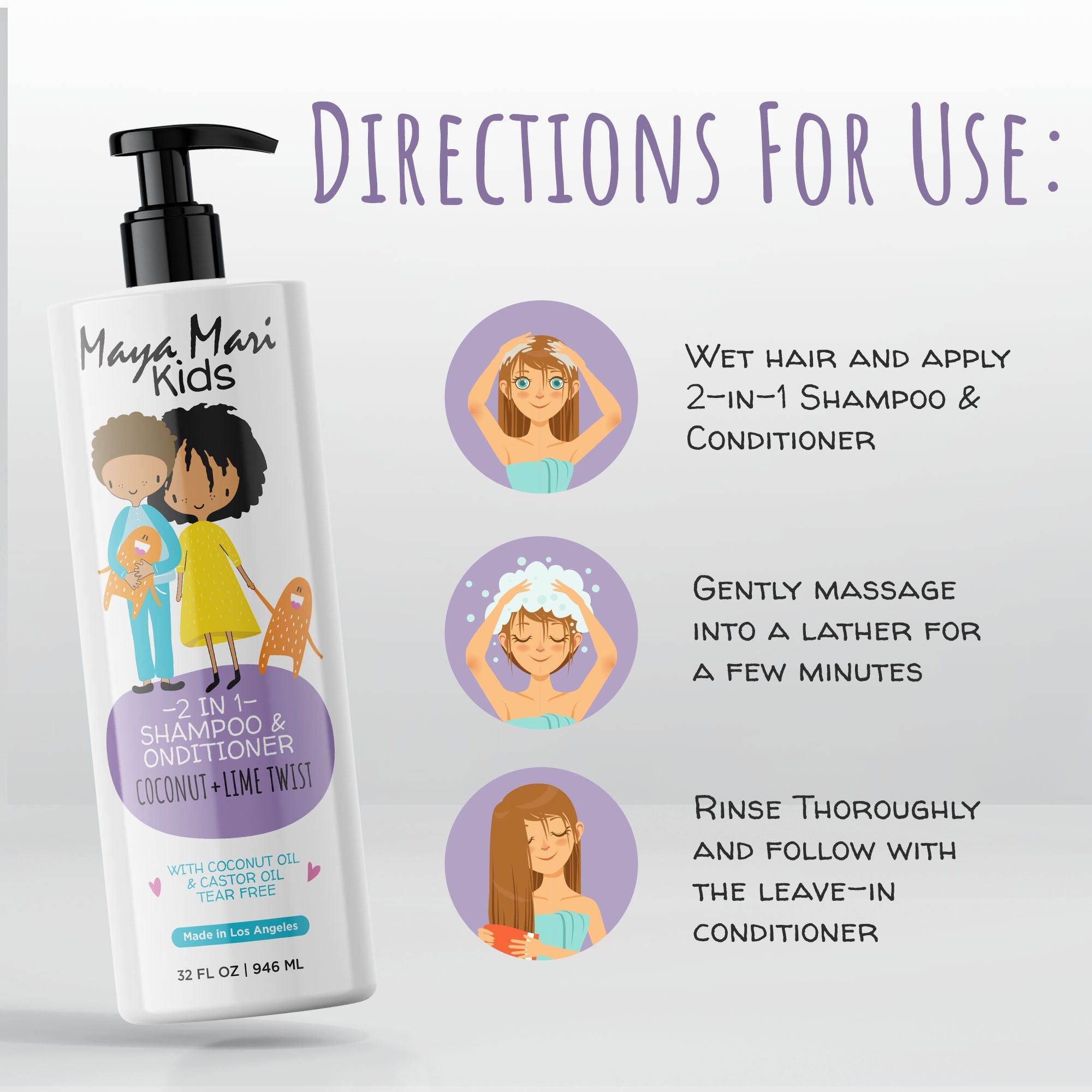 Maya Mari Kids 2-in-1 Shampoo and Conditioner With Coconut Oil and Cas ...